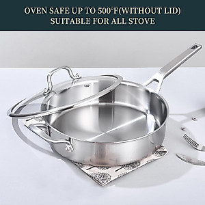 Yeksum Tri-Ply Stainless Steel Saute Pan 5QT, 12 Inch Deep Frying Pan with lids, 3-layer Large Skillet with Stay Cool Handle, Induction Pan, Durable, Compatible with All Cooktops Up to 500℉