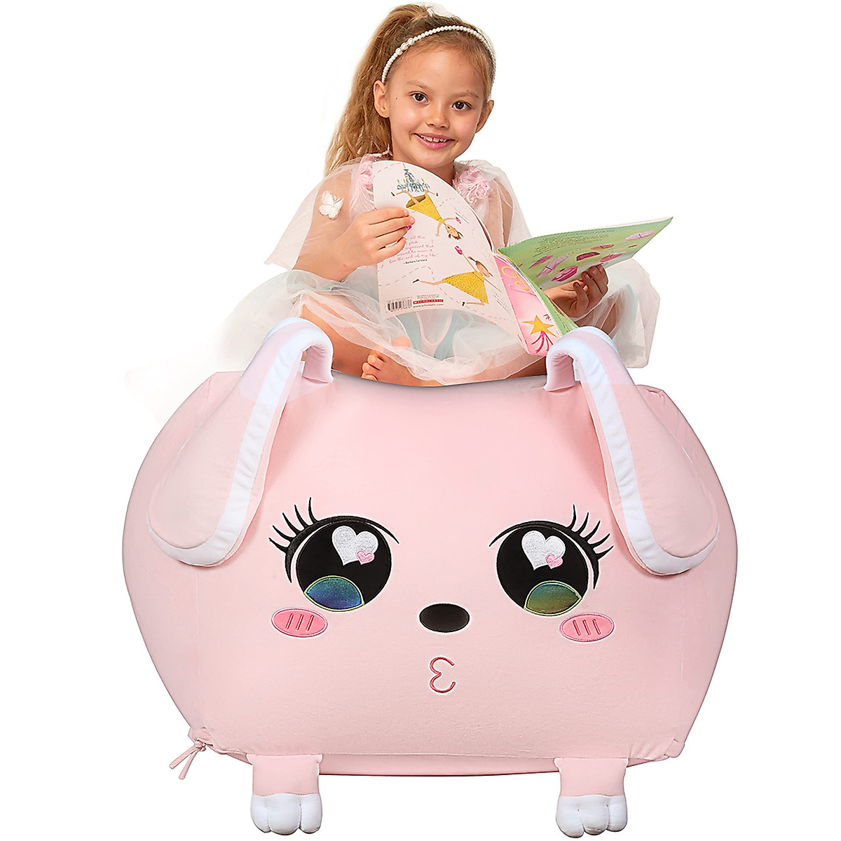 Big Ear Rabbit Toy Organizers and Storage, Cute Bean Bag Chair Pink for Girls Room Decorations, Large Size 22x24 Inch Velvet Extra Soft, Cover ONLY