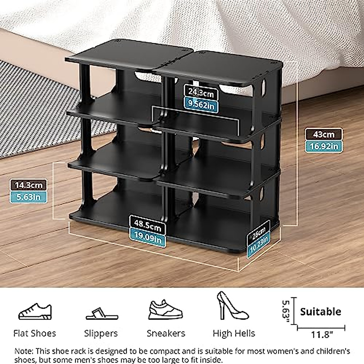ZOINLIY Stackable Shoe Rack for Small Space, 4 Tiers 2 Columns Shoe Rack Organizer for Closet, Bedroom, Entryway, Black Free Standing Shoe Shelf, Shoe Cubby, 10.2" D x 19.2" W x 16.9" H