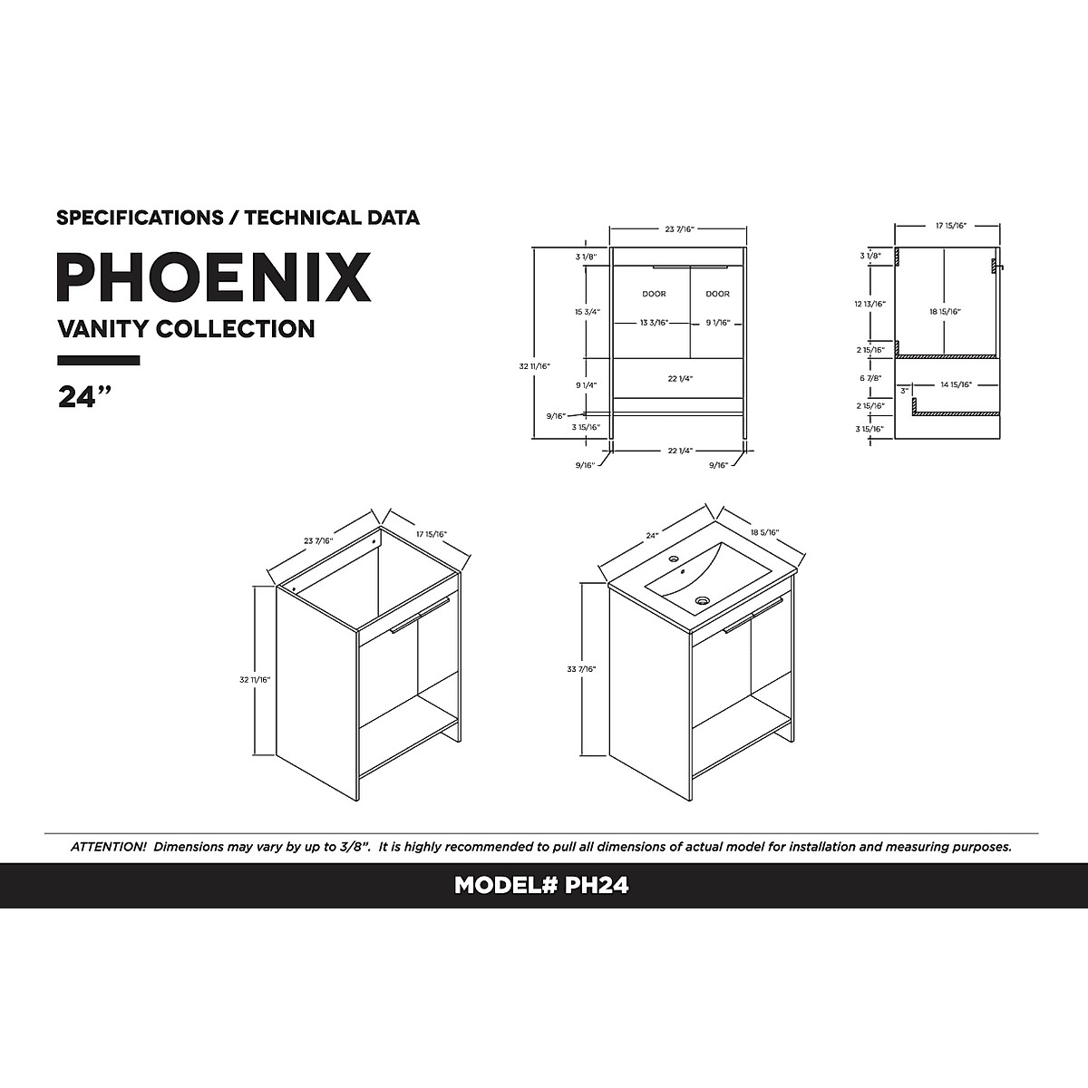 Fine Fixtures Phoenix 24 in. W x 18.5 in. D x 33.5 in. H Bathroom Vanity in Walnut with White Ceramic Sink [Full Assembly Required]