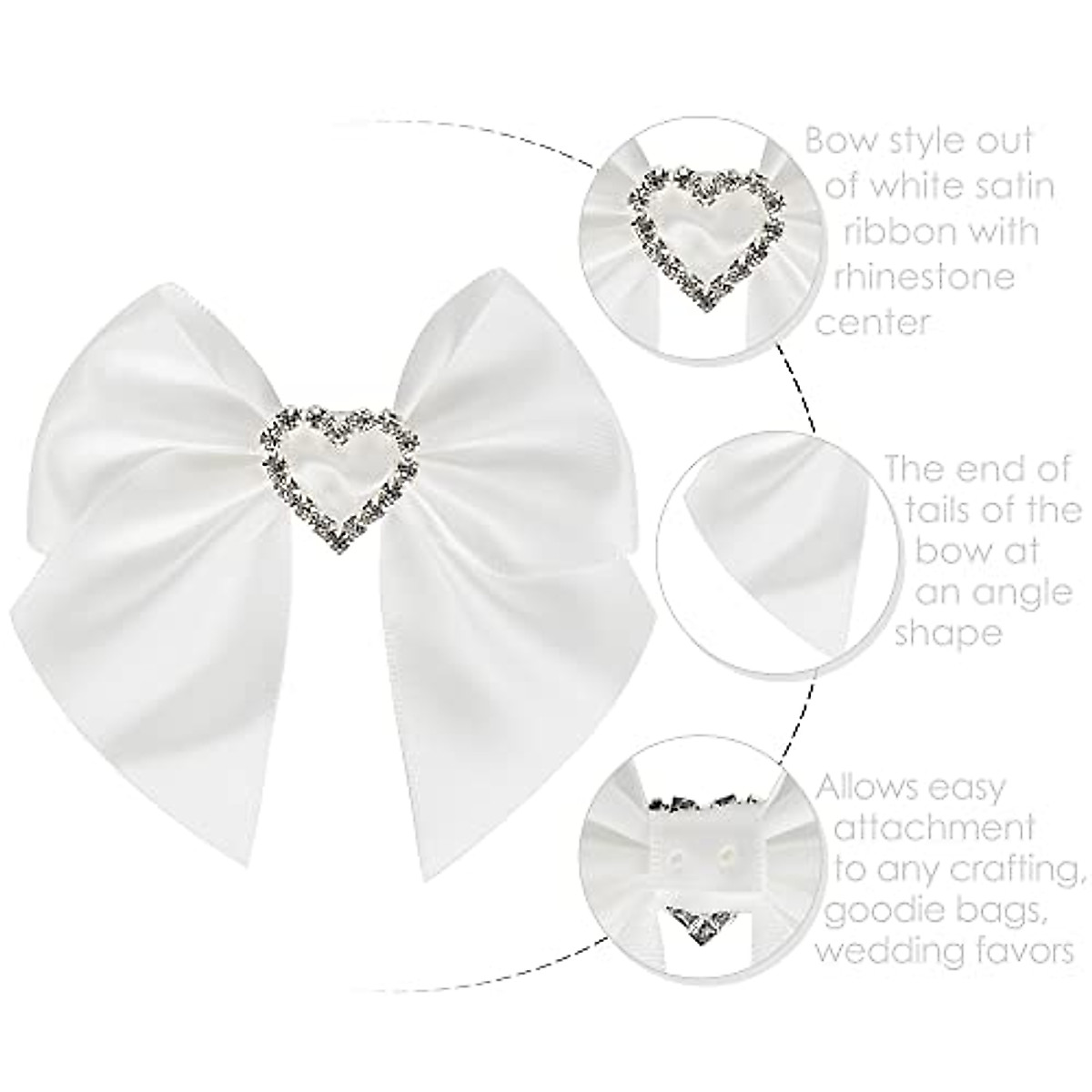 AIMUDI White Bows Satin Ribbon Rhinestone Bows 3" Premade Sparkle Bows with Gems Pre-Tied Craft Bows with Rhinestone Gift Bows for Wedding Sewing Crafts Gift Wrapping Baby Shower - 12 Counts