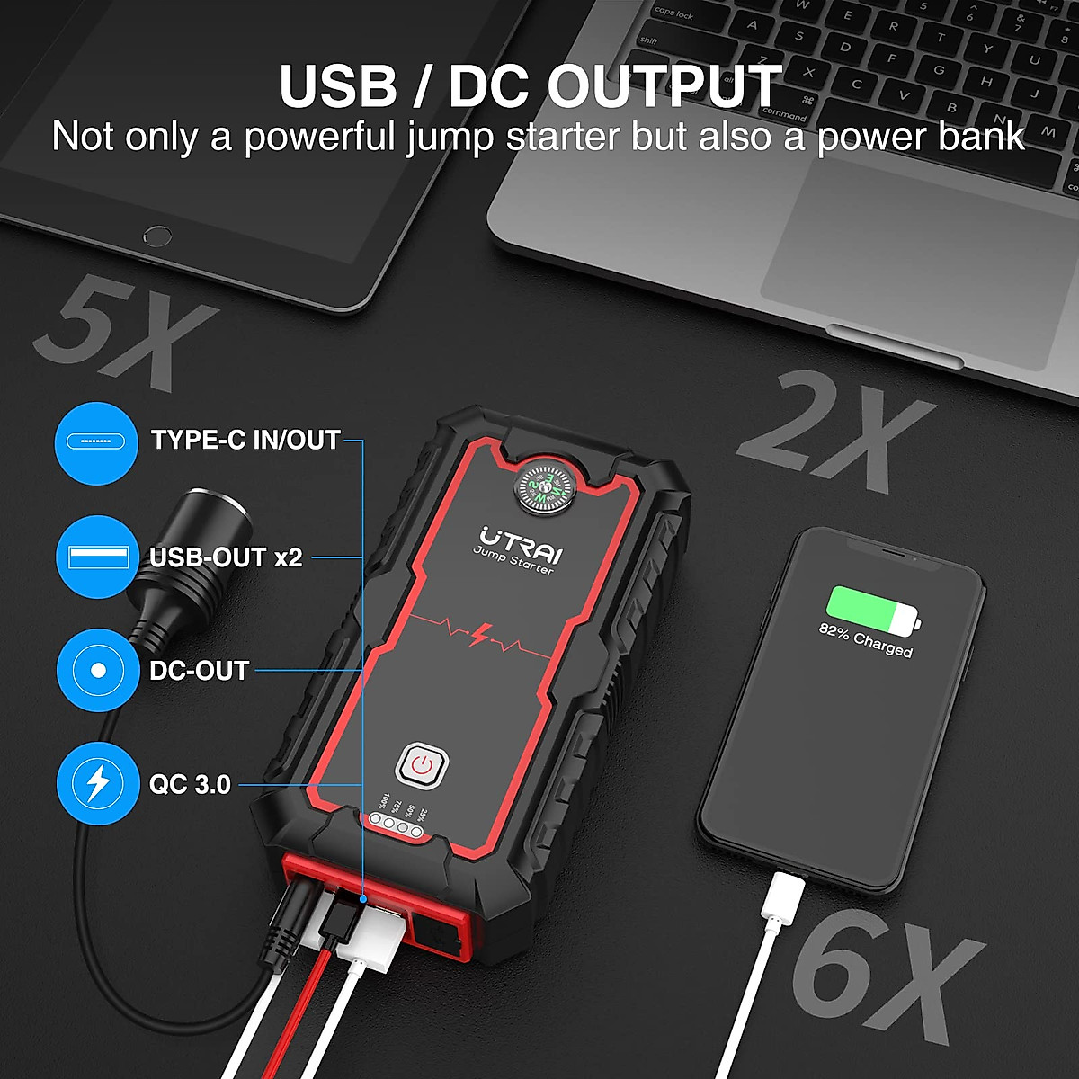UTRAI Portable Car Jump Starter 59200 mWh 2000A Peak (Up to 8L Gas, 6.5L Diesel Engine) 12V Auto Car Battery Charger Jump Starter Booster Pack with Smart Jumper Cables, USB Quick Charge and Flashlight