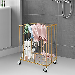 Gold Metal Laundry Hamper with Wheels,Large Capacity Laundry Basket Cart,Rolling Laundry Basket,for Living Room,Bathroom,