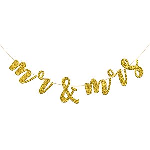 Mr & Mrs Banner for Bridal Shower, Engaged, We Still Do, Groom Bride Wedding Party Decorations (Gold Glitter)
