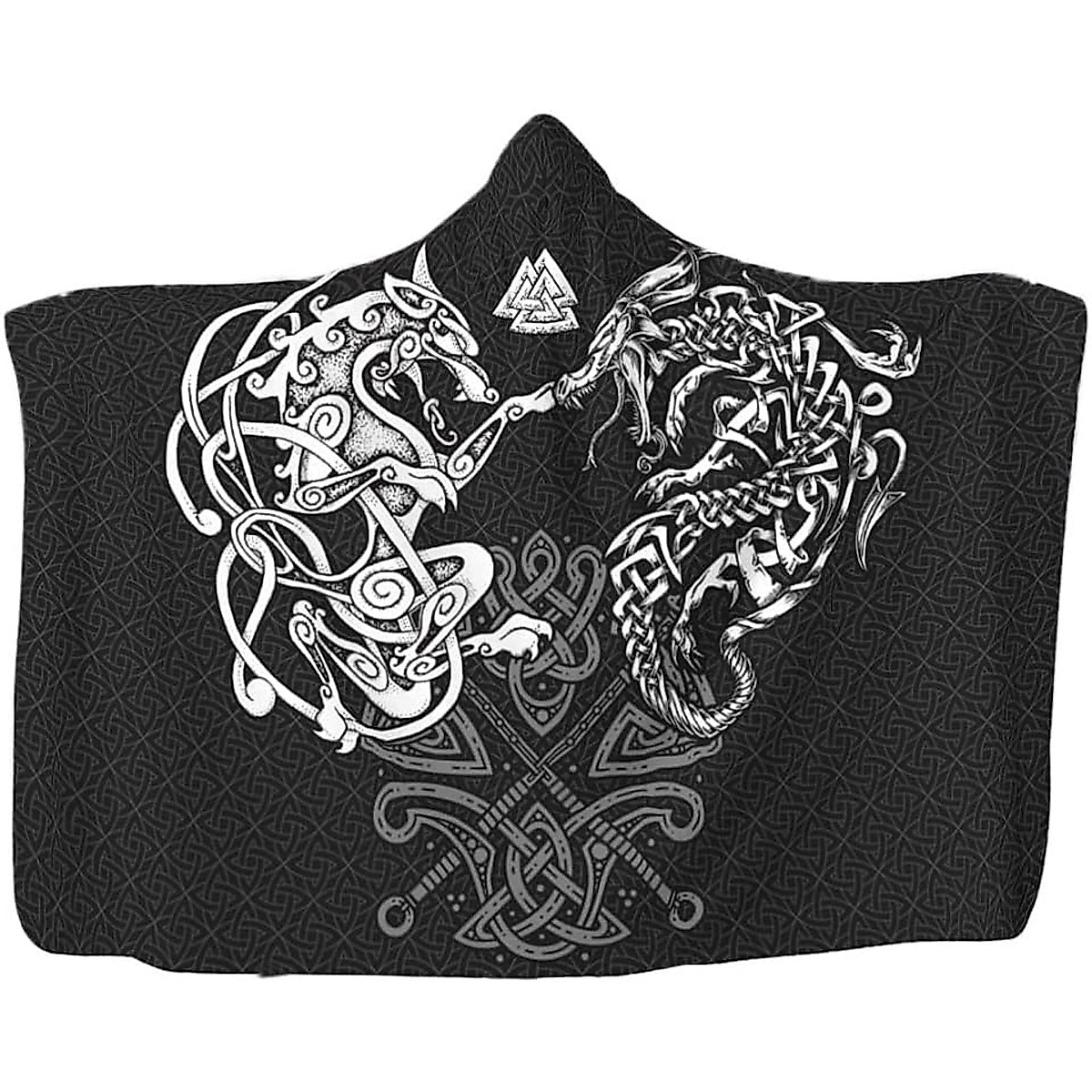 Viking 3D Printed Hooded Blanket Warm Soft Viking Dragon Rune Celtic Knot Ax Unisex Winter Wearable Hooded Blanket Double Thick Plush Fleece Blanket Cape ( Color : Blanket , Size : 80x60in/150x200cm )