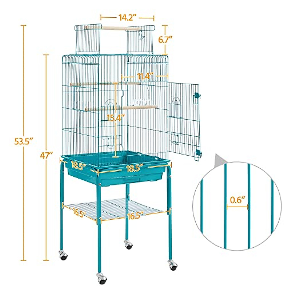 Topeakmart Metal Bird Cage Open Play Top Parrot Cage w/Detachable Rolling Stand for Small Birds, 53.5inch, Teal Blue