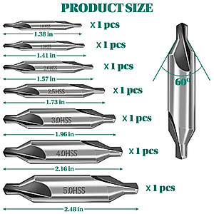 Kicyosl 7 Pcs Upgraded Center Drill Bits Set, High Speed Steel 60-Degree Angle Center Drill Bits Kit Countersink Tools for Lathe Metalworking Size 1.0 1.5 2.0 2.5 3.0 4.0 5.0