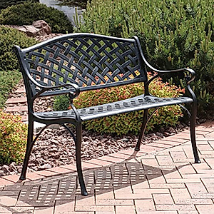 Sunnydaze Outdoor Patio Bench with Black Checkered Design - Durable Cast Aluminum Metal Garden Bench - 2-Person Patio Decor Seating - Front Porch Furniture - Entryway Bench