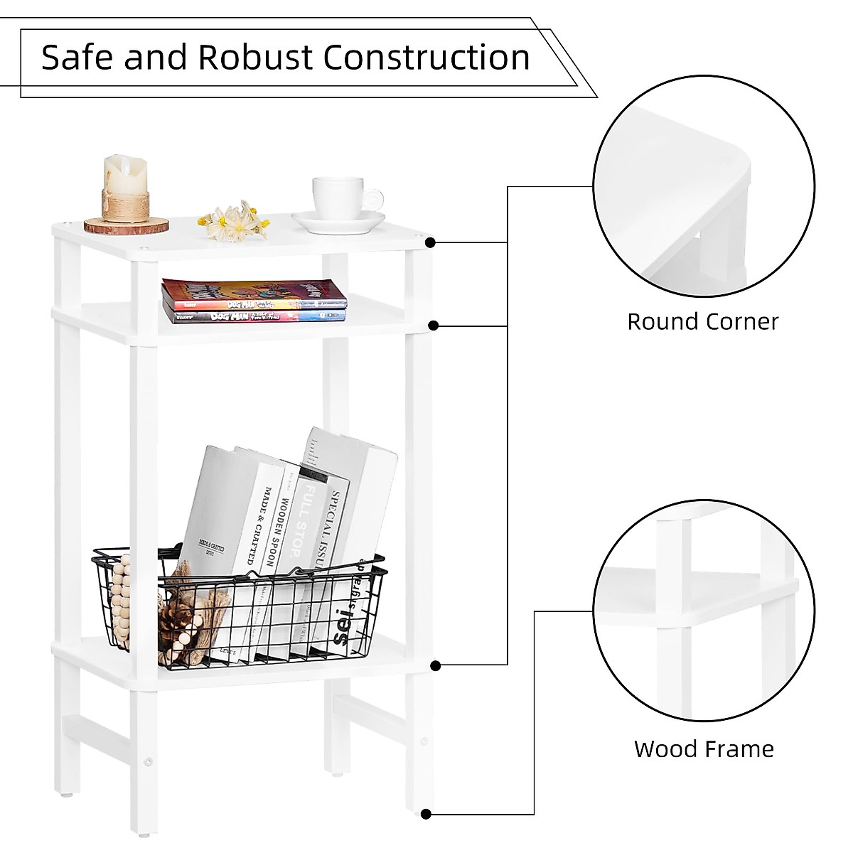 YUFAM 28in Tall Side Tables Set of 2, 3 Tier Small end tables for small spaces, narrow entryway tables with Storage, entrance tables for front door, Wooden frame, for Living Room, Bedroom, Hall, White