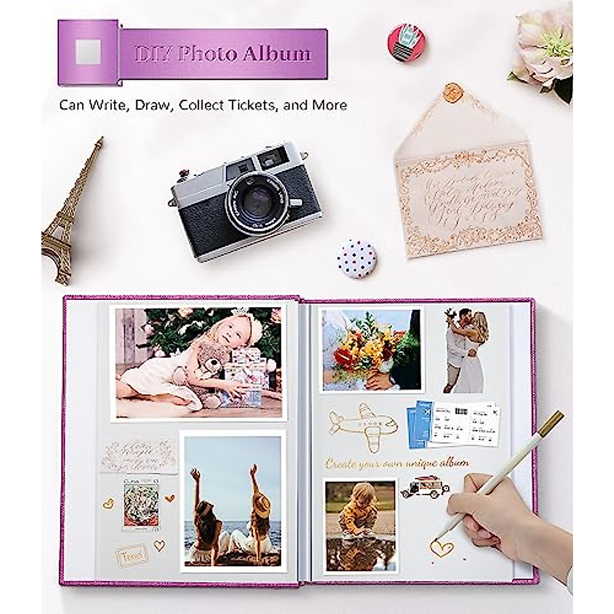 Artfeel Photo Album Self Adhesive Scrapbook Album for 3x5 4x6 5x7 8x10 Pictures,40 Pages Linen Cover with Display Window DIY Photo Book,Ideal Gifts for Family Travel Wedding Baby