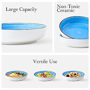 KOLLOV Pasta Bowls, 40oz Large Salad Bowl Set of 4, Ceramic Serving Soup Bowls Plates for Kitchen, Microwave & Dishwasher Safe (Blue)