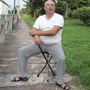 Hold 440 lbs Walking Cane Seat,Heavy Duty Travel Hiking Crutches Stool, Aluminum Alloy, Bow Handle, Non-Slip, Elderly Folding Portable Cane Chairs