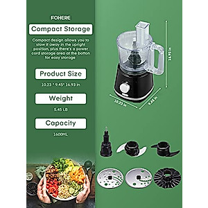 FOHERE Food Processor 8 Cup Food Chopper With Five Stainless Steel & BPA Free Accessories - Chopping, Slicing, Shredding and Whisking, 2 Speeds and Pulse Function, Black