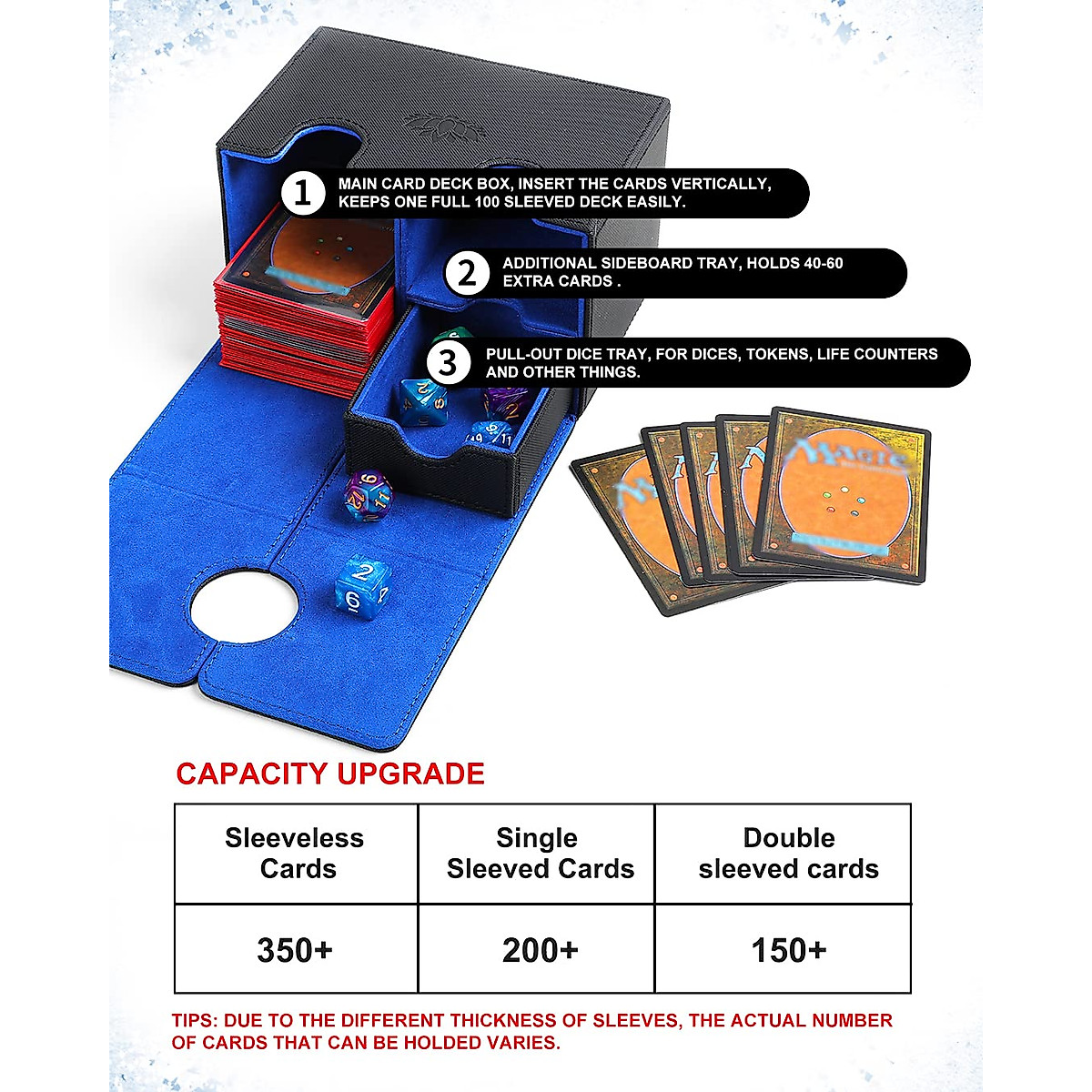 UAONO Card Deck Box for MTG Commander Deck, Double Deck Box With Dice Tray Holds 200+ Sleeved Trading Cards, Card Case Storage Box for Magic The Gathering Sports Playing Cards (Black&Blue)