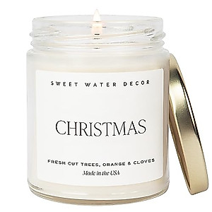 Sweet Water Decor Christmas Soy Candle | Apple Cider, Cinnamon, Fresh Cut Christmas Tree Scented Candles for Home | 9oz Clear Jar + Gold Lid, 40+ Hour Burn Time, Made in the USA