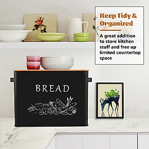 E-far Bread Box for Kitchen Countertop, Metal Bread Storage Container Bin with Bamboo Lid for Cutting Bread, Extra Large & Farmhouse Style, 13” x 7.2” x9.8”, Black