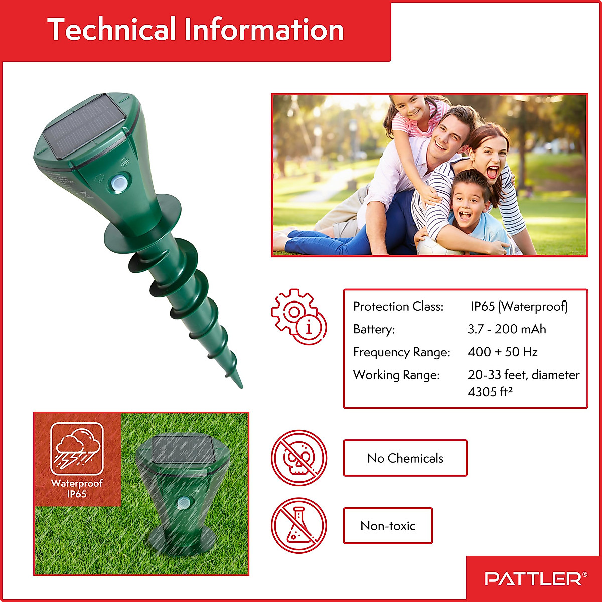 PATTLER® Mole Repellent Solar Powered | Innovative Screw-Shape Design | 8,000 Sq Ft Coverage | Best Snake Repellent for Yard, Great for Getting Rid of Moles and Voles | Gopher Repellent | 2 Units