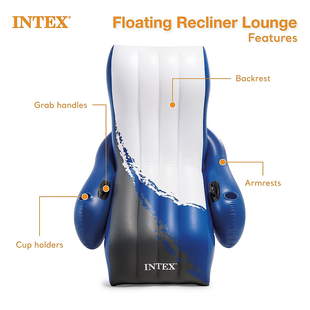 Intex Durable 18 Gauge Vinyl Inflatable Comfortable Pool Float Recliner Lounges with Cup Holders and Heavy Duty Handles (2 Pack)