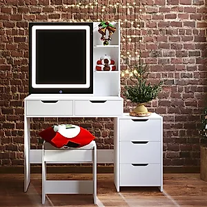 Aiho Makeup Vanity Desk with Mirror and Lights, 43.5" Vanity Table with 5 Drawers & Storage Shelves, Adjustable Brightness & 3 LED Light Modes - Dressing Table Set for Bedroom, White