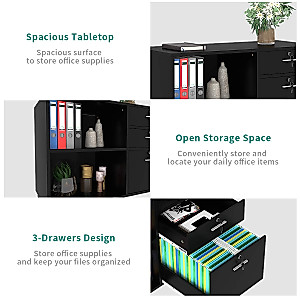 YITAHOME Wood File Cabinet, 3 Drawer Mobile Lateral Filing Cabinet, Storage Cabinet Printer Stand with 2 Open Shelves for Home Office Organization, Black