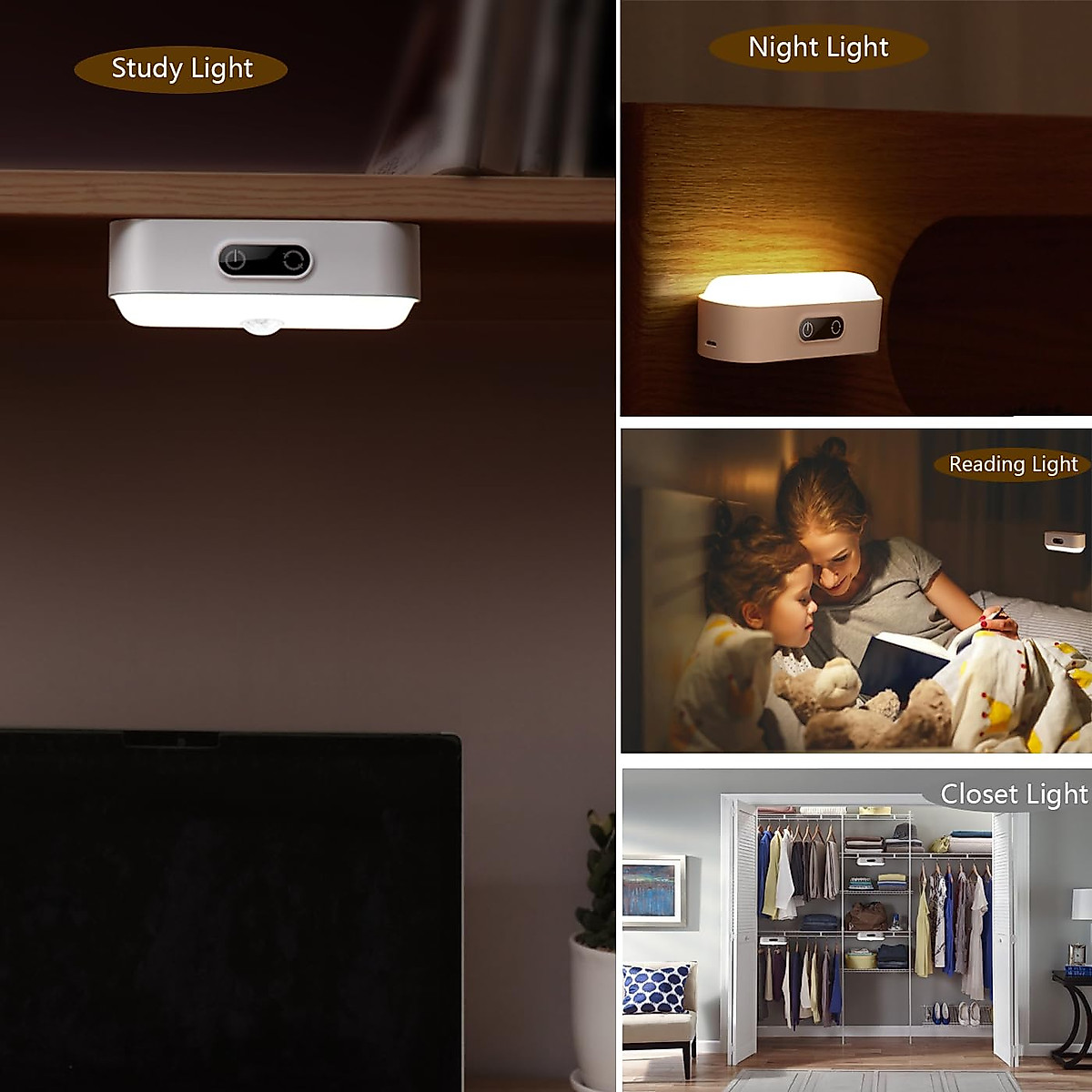 Xhope4u Under Cabinet Lights Indoor, Motion Sensor Night Light with Touch Control, Stepless Brightness Wall Light, Rechargered Reading Lamp for Cabinet,Bedroom, Hallway, College Dorm Room