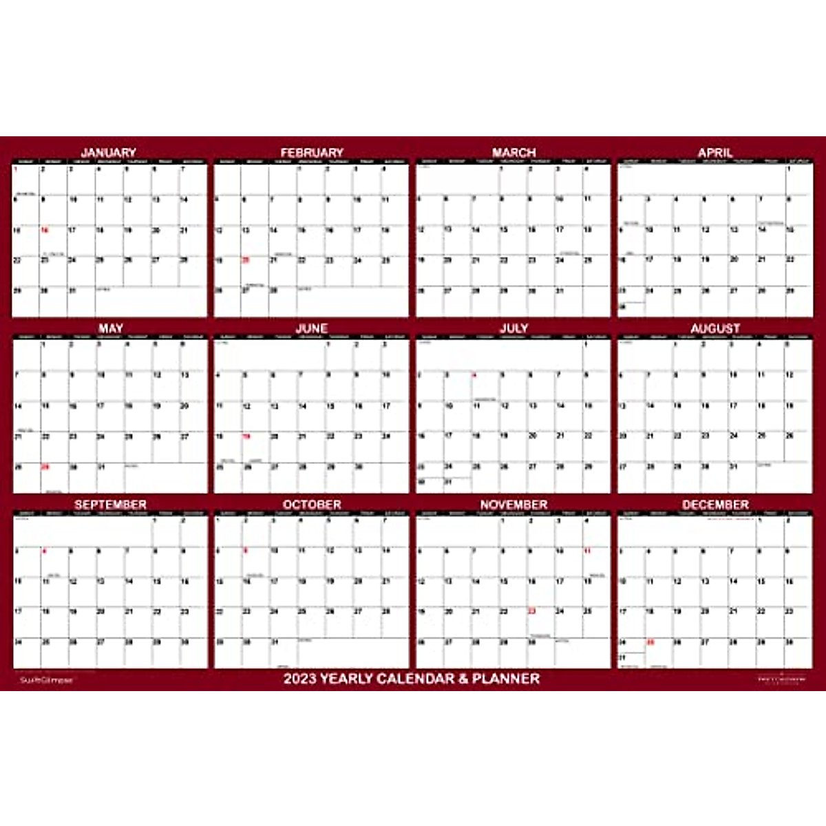 18" x 24" SwiftGlimpse 2023 Wall Calendar Erasable Large Wet & Dry Erase Laminated 12 Month Annual Yearly Wall Planner, Reversible, Horizontal/Vertical, Maroon