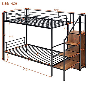 URTR Metal Twin Over Twin Size Bunk Beds, Heavy-Duty Twin Bunk Bed with Stairs and Wardrobe for Boys Girls Teens Bedroom Dormitory, Black