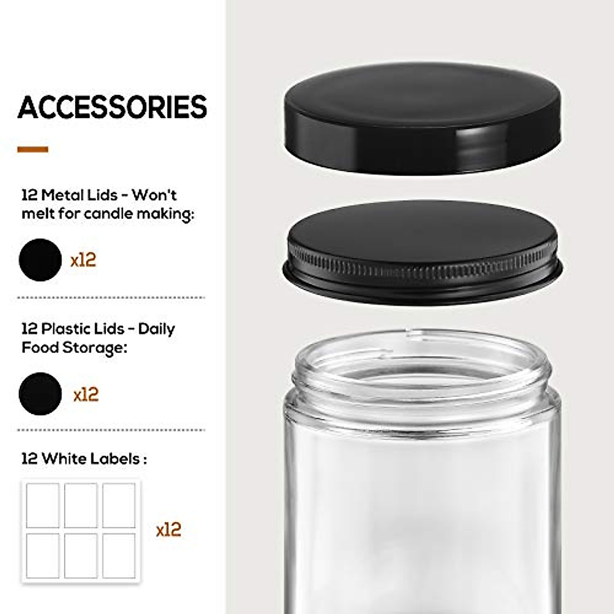 12 Pack, 8 OZ Thick Glass Jars with Lids, Clear Round Candle Jars with 12 Metal Lids & 12 Plastic Lids - Empty Food Storage Containers, Canning Jar For Spice, Powder, Liquid, Sample - Dishwasher Safe