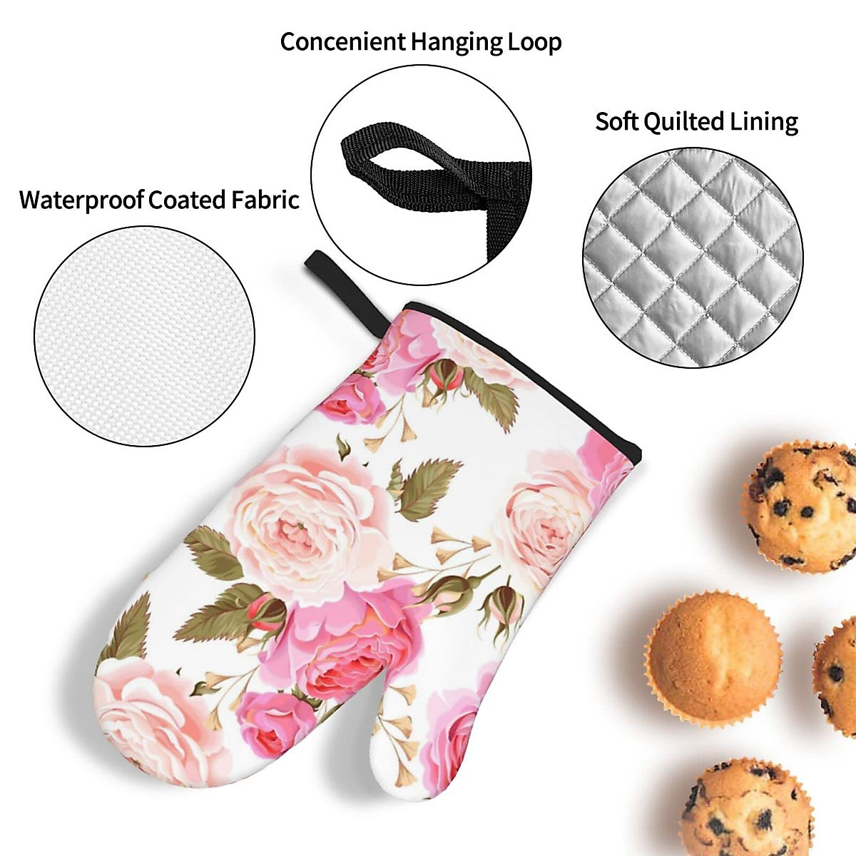 YILEQUAN Floral Flower Rose Pink Print Oven Mitts and Pot Holders Sets,Kitchen Oven Glove High Heat Resistant 500 Degree Oven Mitts and Potholder,Surface Safe for Baking, Cooking, BBQ,Pack of 4