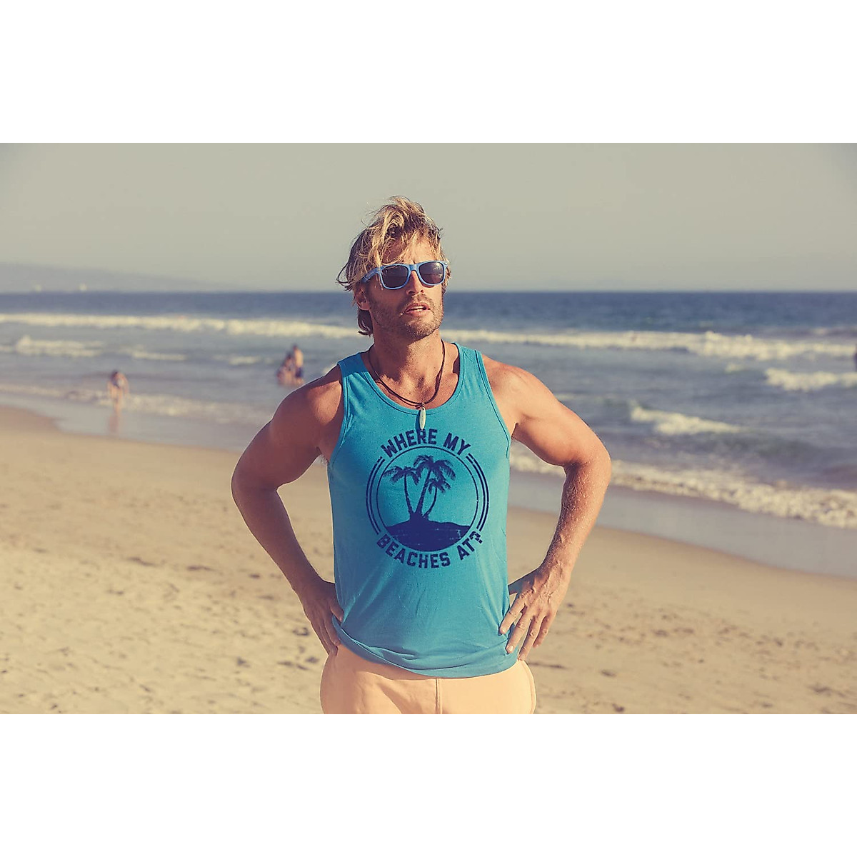 Mens Fitness Tank Where My Beaches at Tanktop Funny Summer Vacation Shirt Funny Workout Shirt for Men Funny Fitness Tank Top Novelty Tank Tops for Men Turquoise S