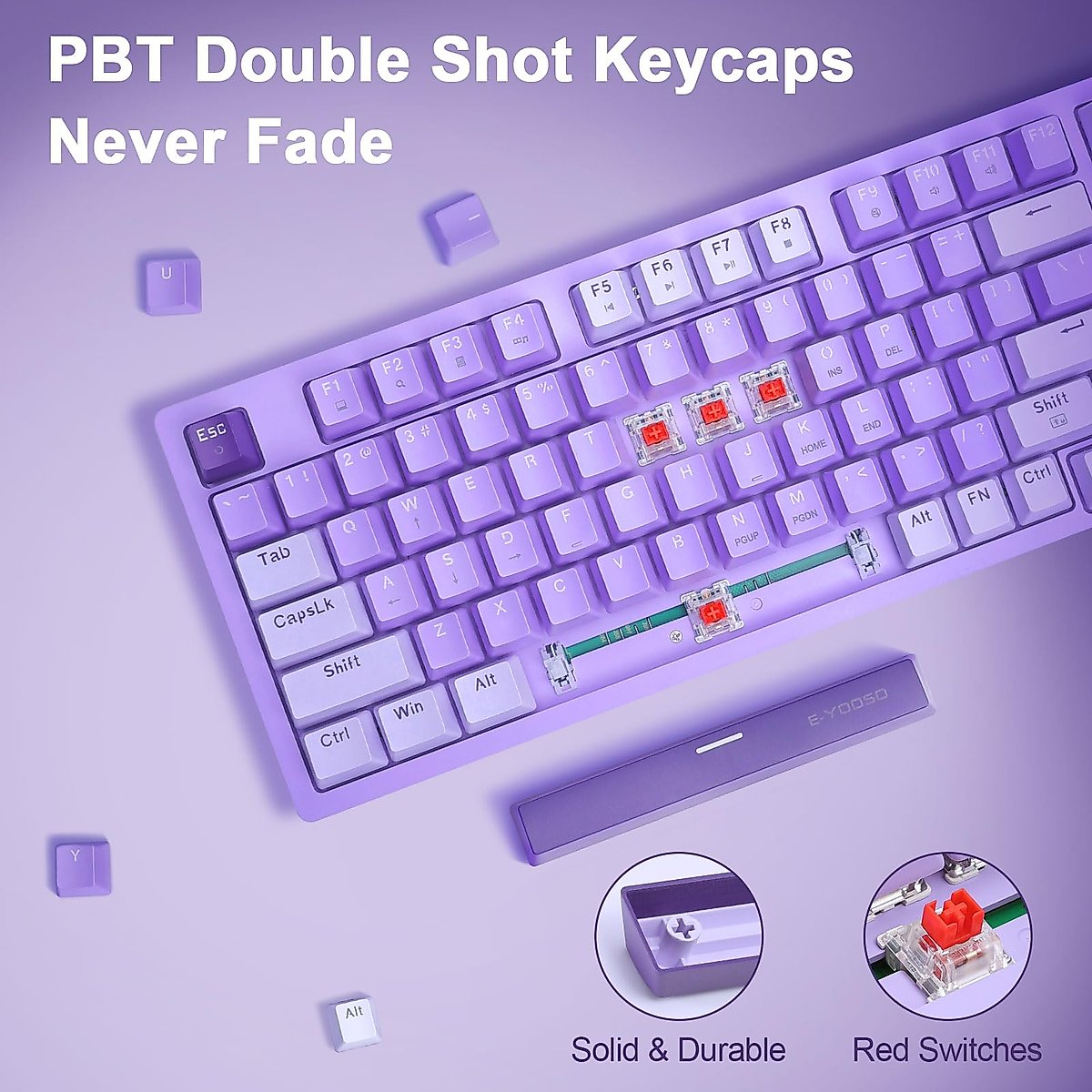 HUO JI Mechanical Gaming Keyboard USB Wired Compact with Number Pad, Purple Led Backlit, Red Switch, Detachable Type C Cable, 94 Keys for PC/Computer/Laptop, Purple and White