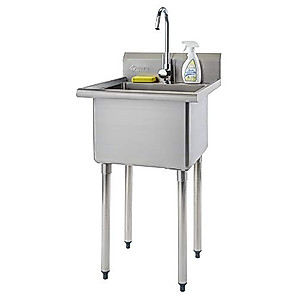 TRINITY THA-0307 Basics Stainless Steel w/Faucet Utility Sink & ROCKPOINT Stainless Steel Table for Prep & Work with Backsplash 30x24 Inches, NSF Metal Commercial Kitchen Table
