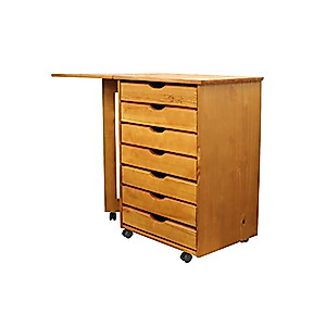 Adeptus Original Drop Leaf Roll Cart with Desk, Sold Wood, 7 Drawer Extra Wide Drawers Roll Carts, Medium Pine