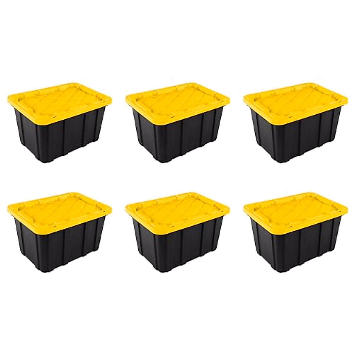Sterilite 27 Gal Industrial Tote, Stackable Storage Bin with Snap-Fit Lid for Garage, Basement & Attic Storage, Black Base and Yellow Lily Lid, 6-Pack