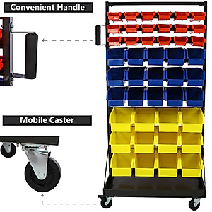 Sybrioka 90 Parts Bin Rack Storage Unit System Steel Shelf, Mobile Organizer Plastic Bins Garage Shelving Tool Shop, 4 Locking Wheels, Floor Mount for Men's Gift