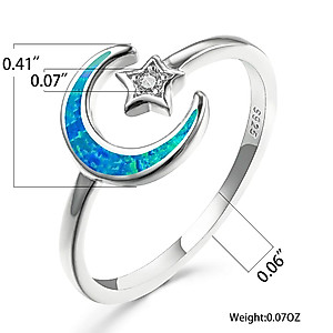 Angol Opal Moon Star Ring for Women Sterling Silver Adjustable Crescent Moon Ring 5A+ Cubic Zirconia Statement Hypoallergenic Finger Ring Gift with Box