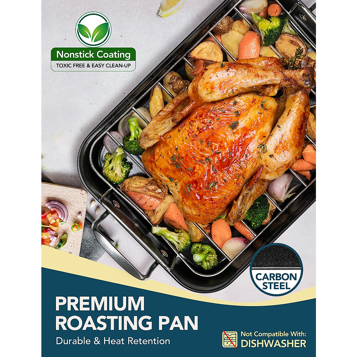 MICHELANGELO Carbon Steel Roasting Pan with Rack, Turkey Roasting Pan 15 Inch x 11 Inch, Nonstick Turkey Roaster Pan with Stainless Steel Rack, Induction Compatible