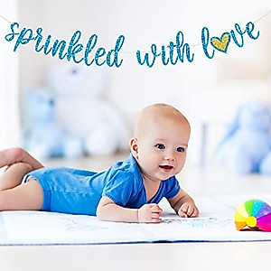 Sprinkled with Love Glitter Banner Baby Shower Sprinkle Party Decoration for Boy Pre-Strung Sign Gold (Blue)