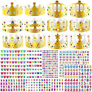 SIQUK 24 Pieces Golden Paper Crowns Gold Party Crowns Princess Prince Crown Hats King Crowns with 980 Pieces Gem Jewels Alphabet Number Letter Stickers for Party and Celebration