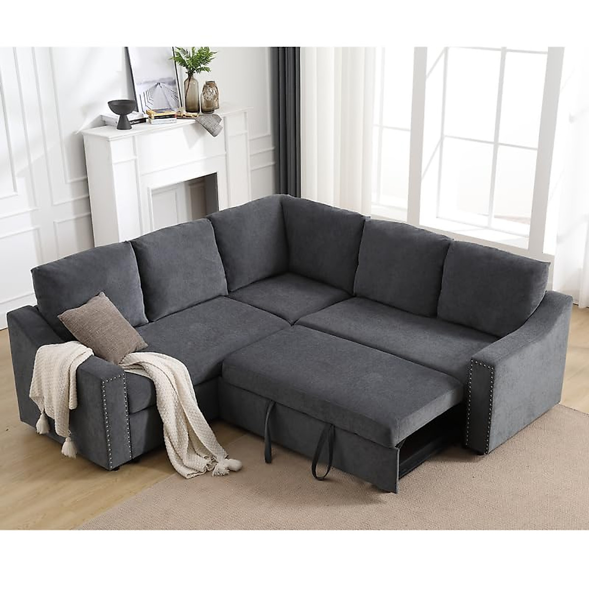 Couches for Living Room, Convertible Sectional Sofa Couch L Shaped Couch with Pull Out Sofa Bed & Square Handrail, Built-in Nailheads Trim, 5-seat Modular Sectional Sofa for Small Spaces, Grey