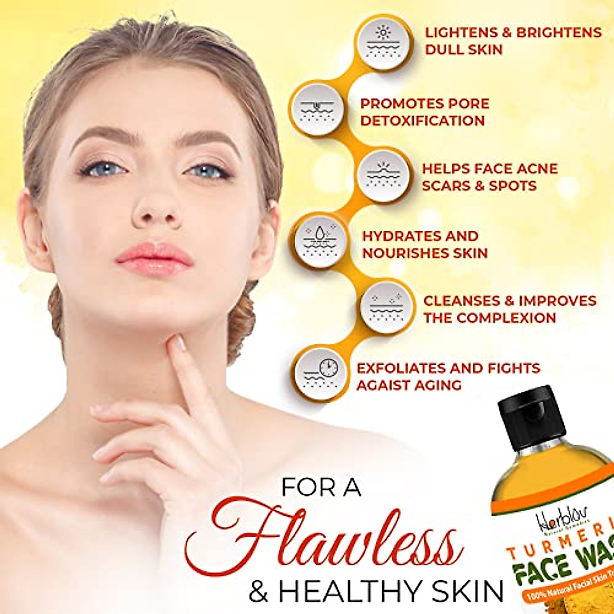 Herblov Turmeric Face Wash, 4oz Turmeric Clear Skin Liquid Soap – 100% Natural Anti Aging Exfoliating Turmeric Facial Cleanser for Spots, Clearing Acne Scars, Age Spots, Sun Damage, Discoloration – Turmeric Soap Skin Detox Made in USA