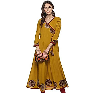 Yash Gallery Women's Cotton Slub Patch Work Angrakha Kurta (Yellow)
