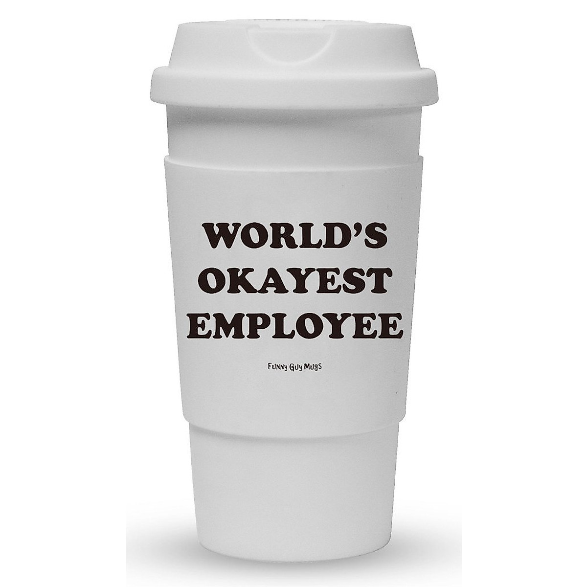 Funny Guy Mugs World's Okayest Employee Travel Tumbler with Removable Insulated Silicone Sleeve, White, 16-Ounce