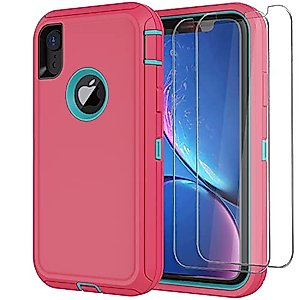 for iPhone XR Case with 2 x Screen Protector, Heavy Duty Shockproof/Drop Proof/Dust Proof 3-Layer Military Protection Full Body Rugged Defender Durable Cover for Apple iPhone XR (Pink)