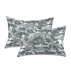 Sharks Camo Pillow Covers Silk Pillowcase for Hair and Skin Soft Breathable Smooth Cooling Satin Pillowcase Standard Size Pillow Case for Bedroom Bed Sleeping (20x26 Inch)