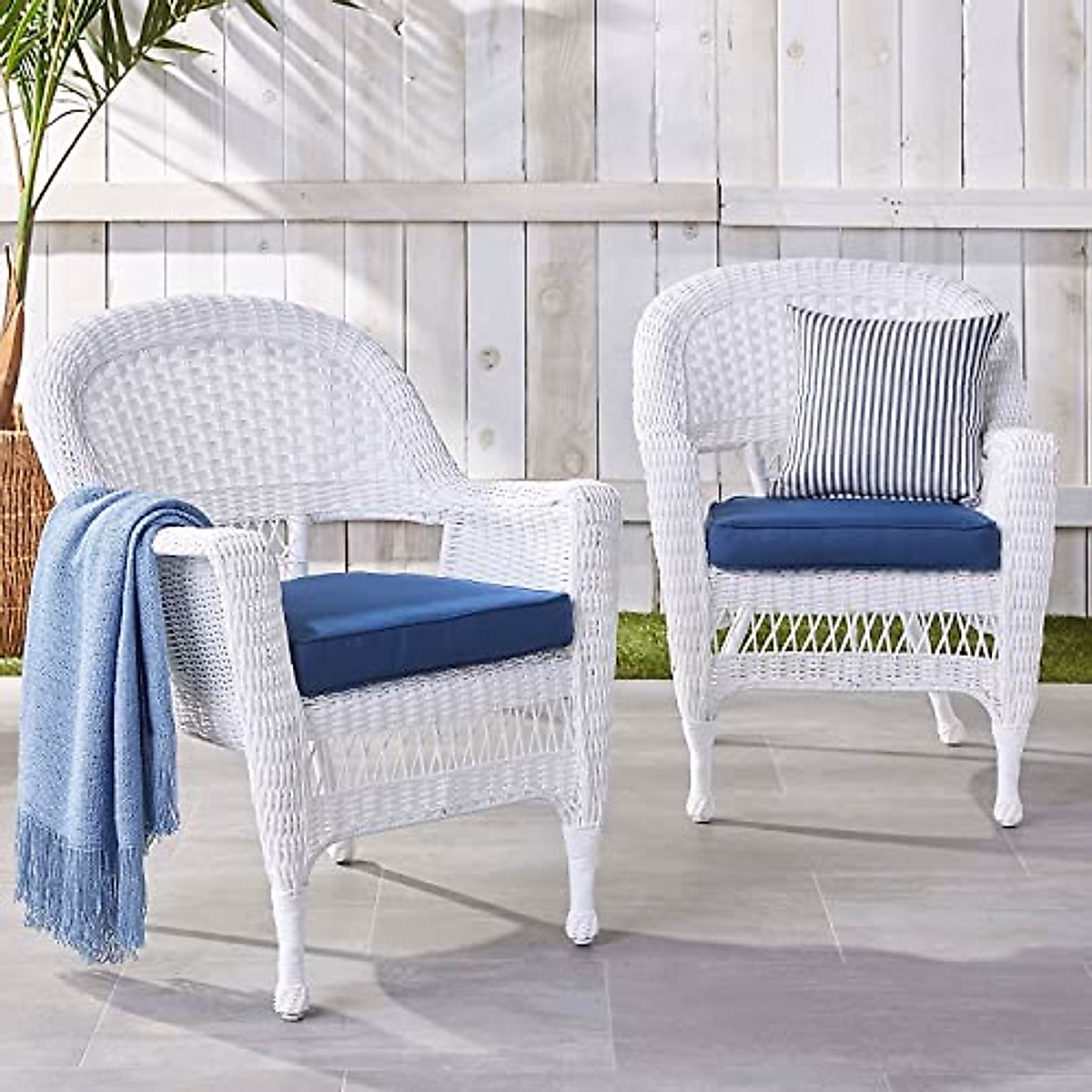 Jeco Wicker Chair with Blue Cushion, Set of 2, White/W00206-