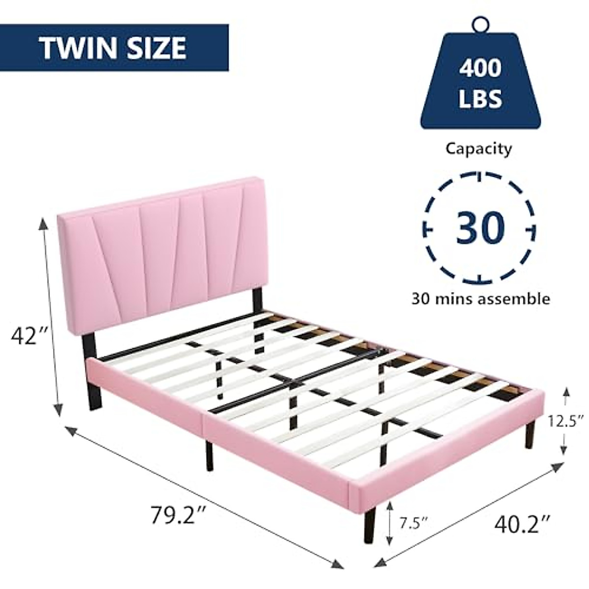 Molblly Twin Bed Frame Upholstered Platform with Headboard and Strong Wooden Slats, Strong Weight Capacity, Non-Slip and Noiseless,No Box Spring Needed, Easy Assembly,Pink
