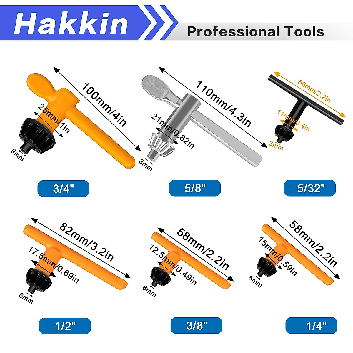 Hakkin 6 Sizes Drill Chuck Key Wrench, 3/4" 5/8" 1/2" 3/8" 1/4" 5/32" Carbon Steel Heavy Duty Thumb Handle Chuck Key, Replacement Drill Chuck Key Wrench, Electric Drill Clamping Tool