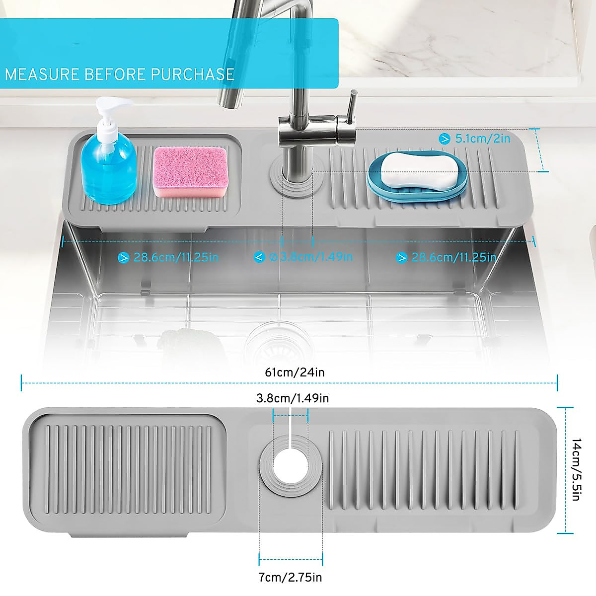 24 Inch Longer Kitchen Sink Splash Guard,Silicone Mat for Faucet 5° Slope Draining Mat for Kitchen Sink Faucet Drying Mat Drip Mat Protectors for Kitchen Sink(Grey 24.0" x 5.5")