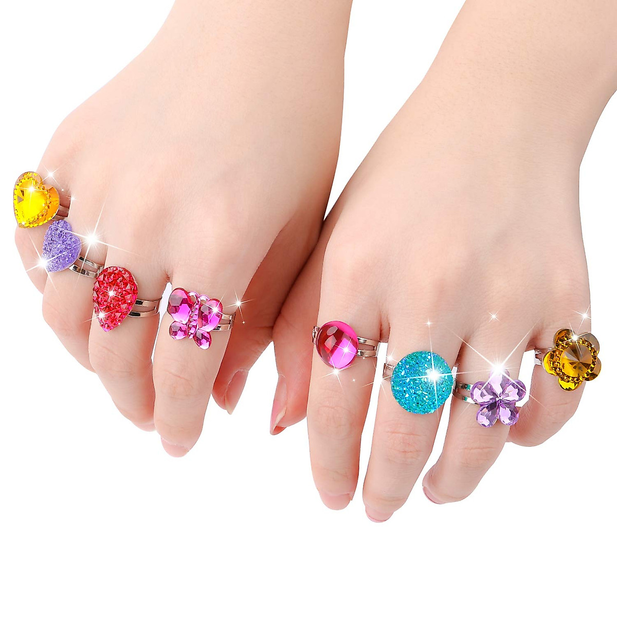 Hifot 24 pcs Girls Crystal Adjustable Rings, Princess Jewelry Finger Rings with Heart Shape Box, Girl Pretend Play and Dress up Rings for Children Kids Little Girls - Random